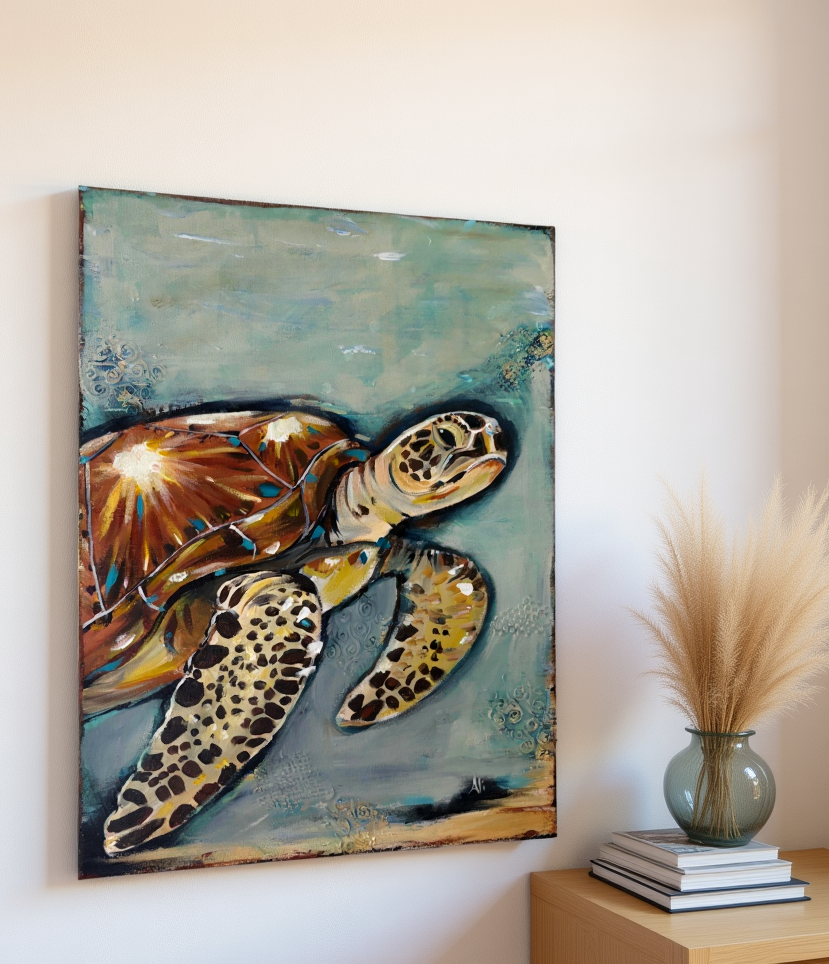 Sea Turtle Tutu St John USVI Original Painting 18" X 24" - Hibiscus Jazz