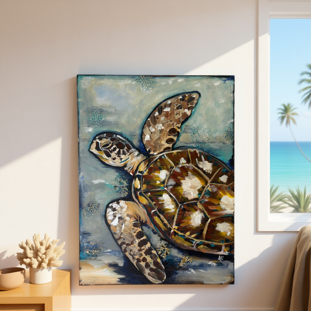 Sea Turtle Kiko St John USVI Original Painting 18" X 24" - Hibiscus Jazz