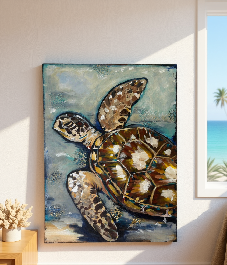 Sea Turtle Tutu St John USVI Original Painting 18" X 24" - Hibiscus Jazz